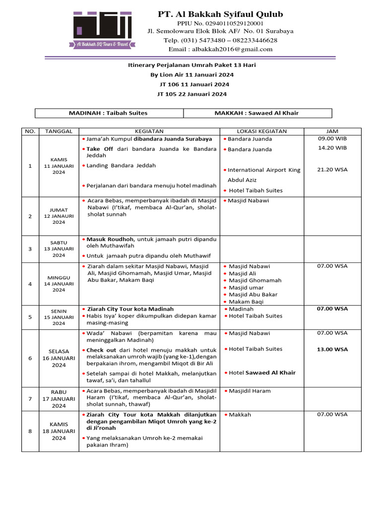 (Table) Itinerary Perjalanan Umrah 11 Januari 2024 13 Hari 1 | PDF