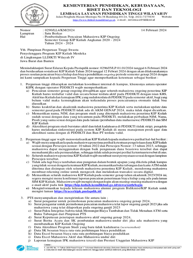 Surat Pemberitahuan Pencairan Ongoing 2024 - Februari-Maret (Sudah Tte) | PDF