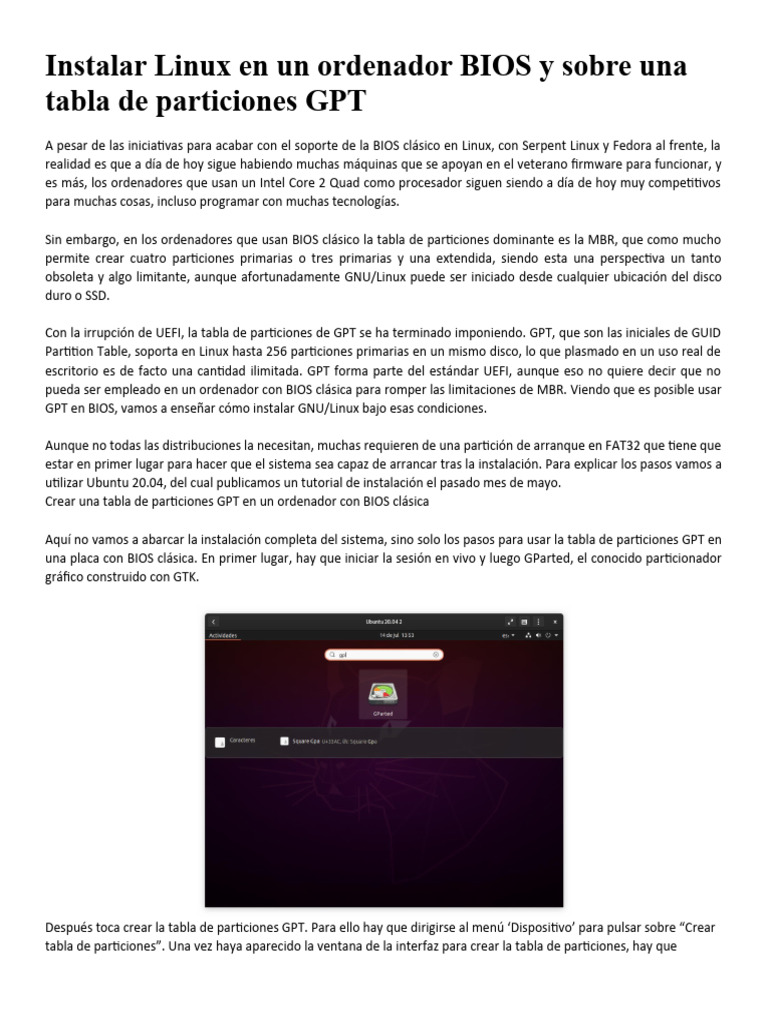 Instalar Linux en Un Ordenador BIOS y Sobre Una Tabla de Particiones GPT | PDF | Arranque | Bios
