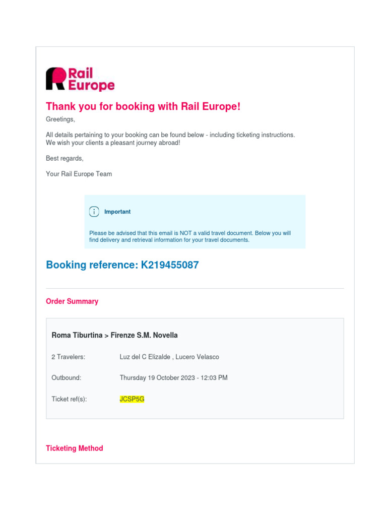 Rail Europe Ticket Confirmation Details | PDF