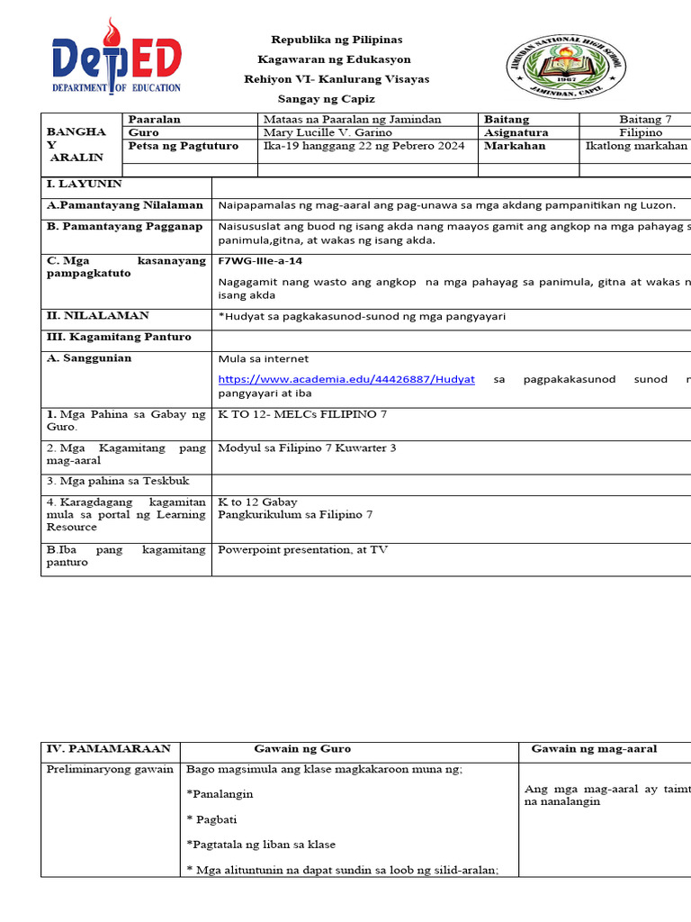 Mga Hudyat at Pananda Lesson Plan | PDF