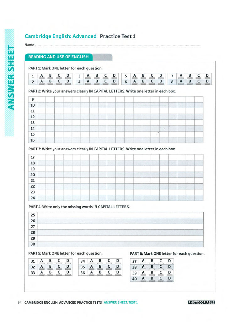 Mark - Harrison - CAE - Practice - Tests - Answer Sheetc | PDF