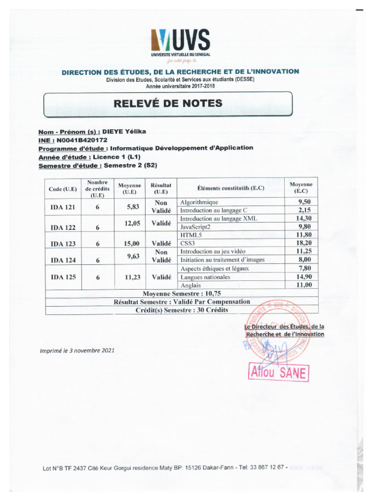 Relevé de Notes Semestre 2 | PDF