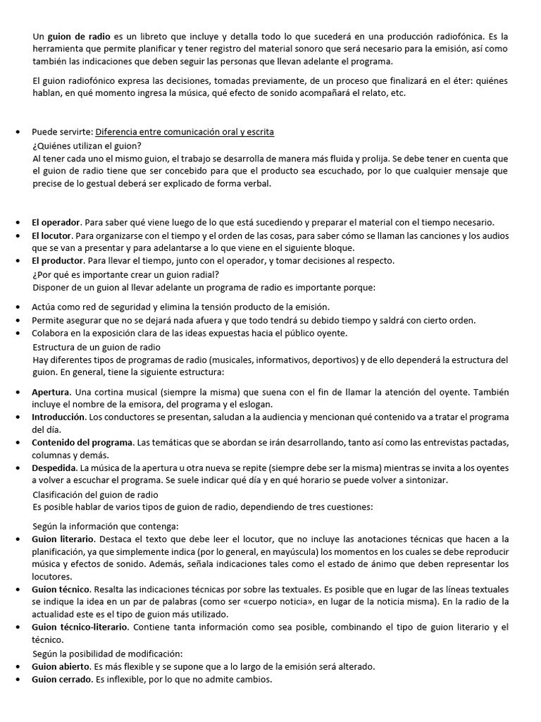 Un Guion de Radio Es Un Libreto Que Incluye y Detalla Todo L | PDF ...