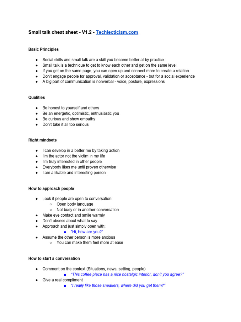 Small Talk Cheat Sheet V2 | PDF | Body Language | Nonverbal Communication