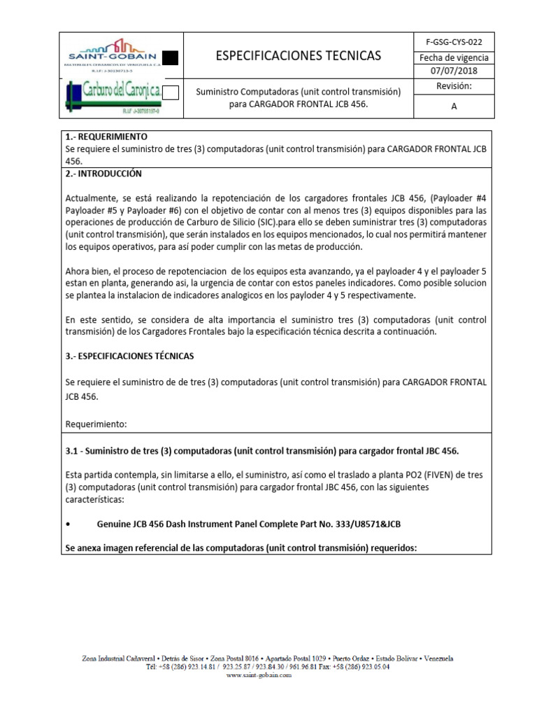 Suministro PCs JCB 456 Cargadores Frontales | PDF