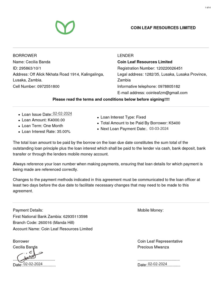 Cecilia Banda Coin Leaf Resources Limited.-1 | PDF | Loans | Debt