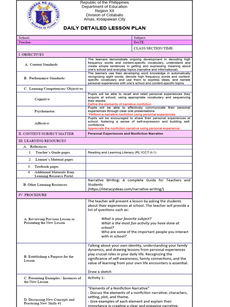 Nonfiction Narrative Lesson Plan | PDF | Narrative | Learning