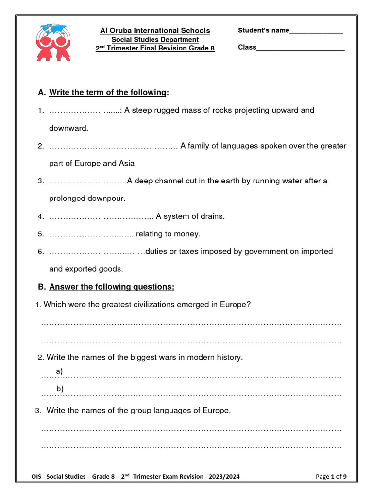 G8 Revision Practice Sheet Final Exam Term-2 | PDF | Europe