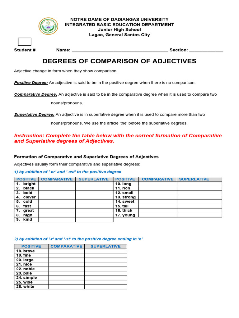 Degrees of Comparison of Adjectives Asynchronous Activity | PDF ...