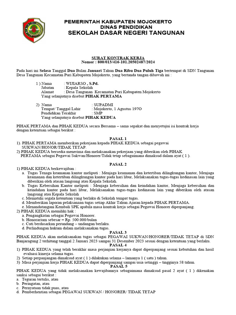 Surat Kontrak Kerja 2023-PTT | PDF