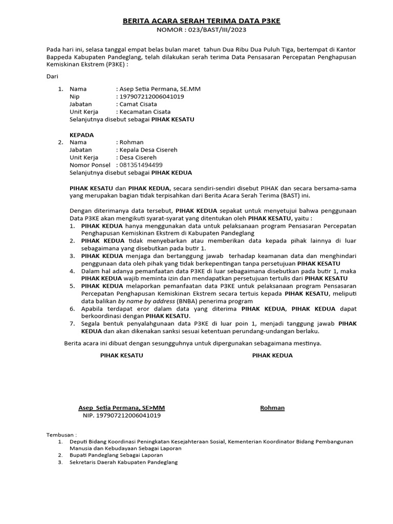 Berita Acara Serah Terima Data P3ke PPM Bojong | PDF