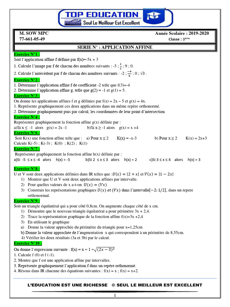Exercices Corrigés sur Applications Affines | PDF | Fonctionnalités et ...