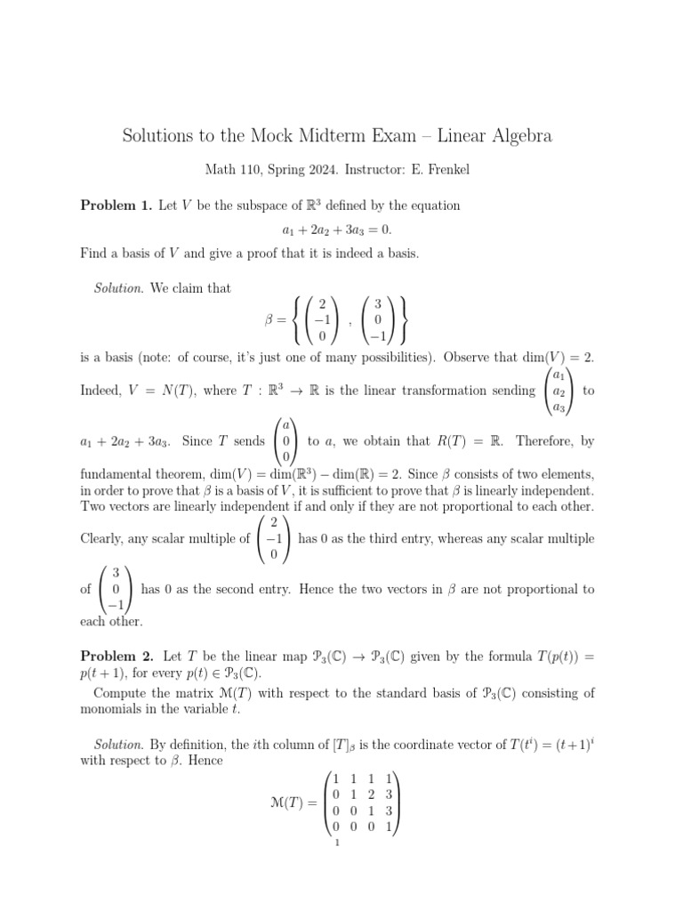 Mock Sol | PDF | Basis (Linear Algebra) | Linear Map