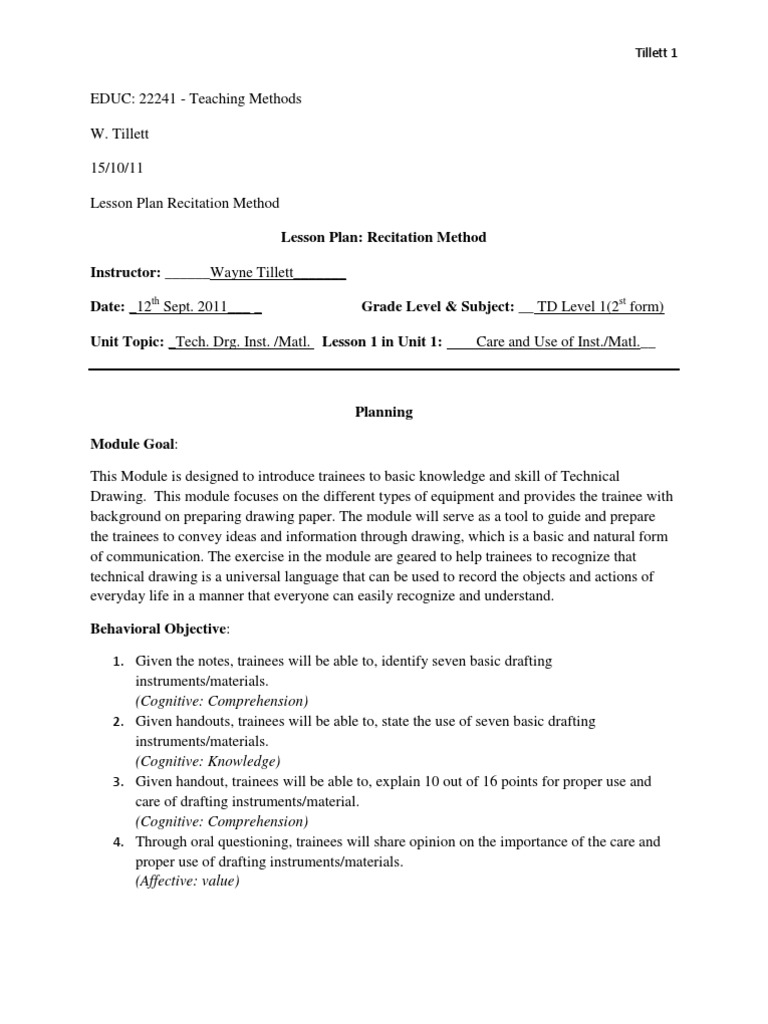 Lesson Plan Format Recitation | PDF | Technical Drawing | Pencil