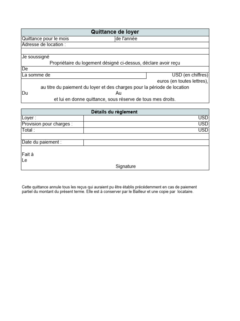 Quittance de Loyer Mensuelle | PDF