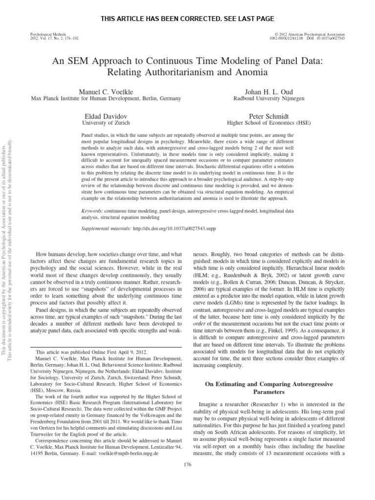An Sem Approach To Continuous Time Modeling Of Panel Data Relating