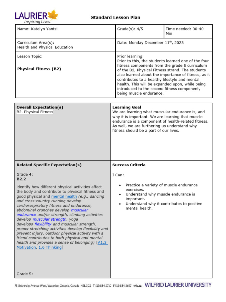 Muscular Endurance Lesson Plan | PDF | Physical Fitness | Physical Exercise