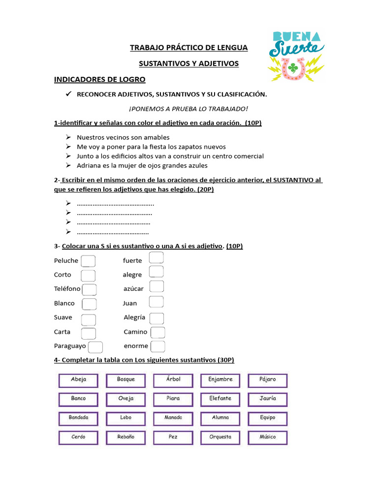 Actividades de Sustantivos y Adjetivos | PDF | Estudios de idiomas ...