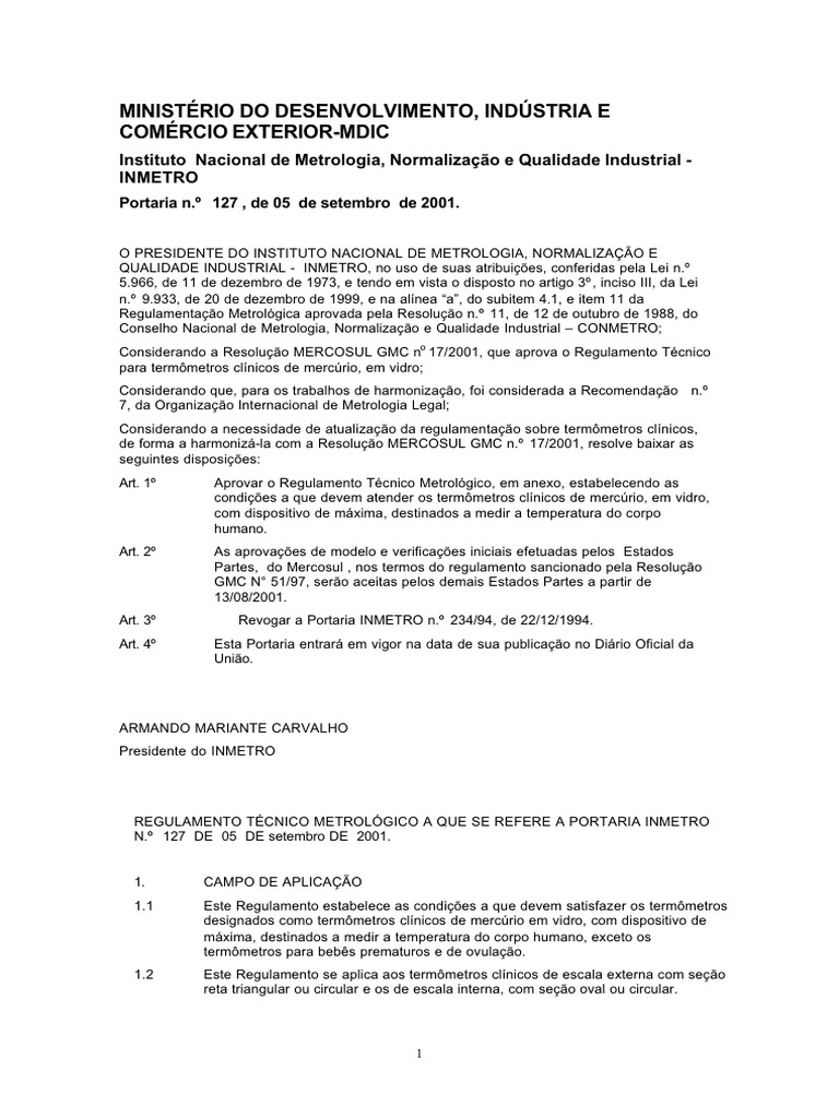 Portaria de Termômetro Clinico - Inmetro | PDF | Termômetro | Metrologia