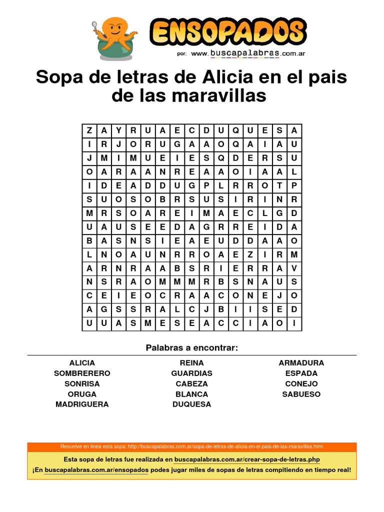 Sopa de Letras de Alicia en El Pais de Las Maravillas | Descargar ...