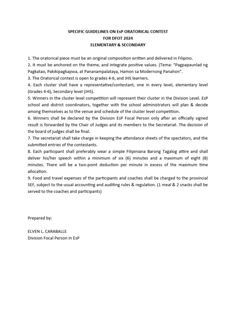 EsP Oratorical Contest Guidelines 2024 | PDF | Human Communication ...