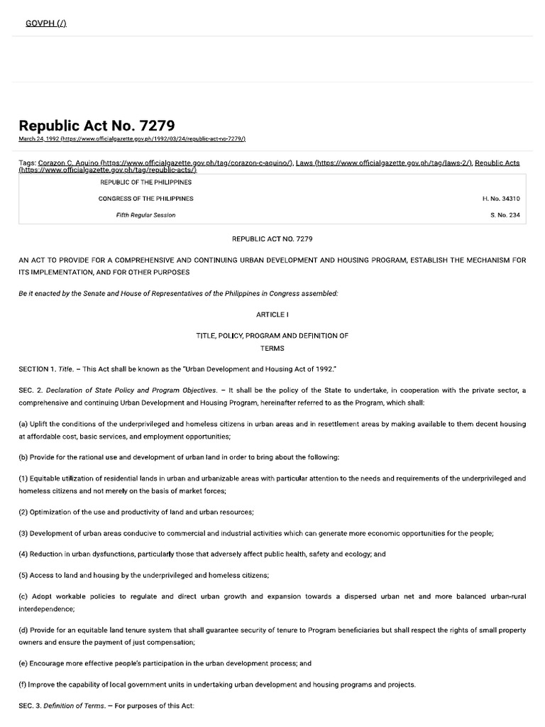 Republic Act No. 7279 | PDF