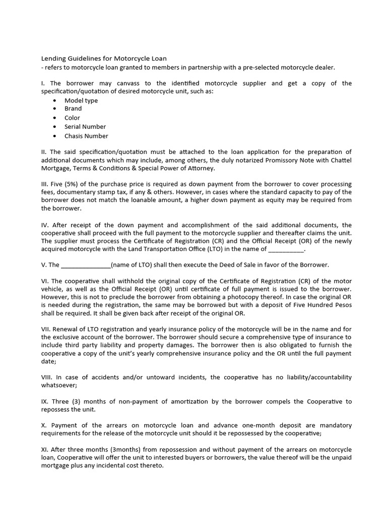 Lending Guidelines For Motorcycle Loan 2024 | PDF | Loans | Mortgage Loan
