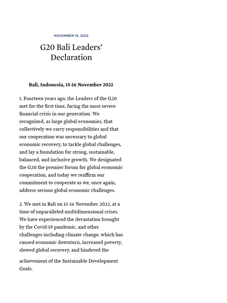 G20 Bali Leaders' Declaration - The White House | PDF | Food Security ...