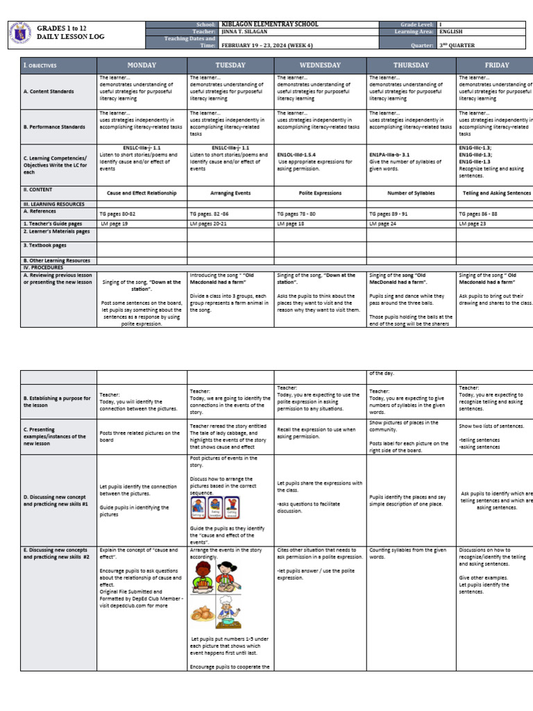 DLL - English 1 - Q3 - W4 | PDF | Learning | Teachers