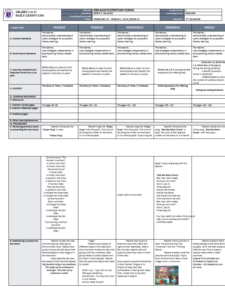 DLL - English 1 - Q3 - W5 | PDF