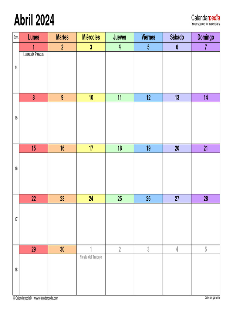 Calendario Abril 2024 Espana Horizontal | PDF
