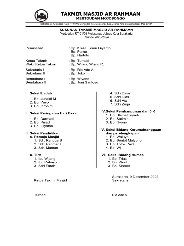 Susunan Takmir Masjid Ar Rahmaan | PDF