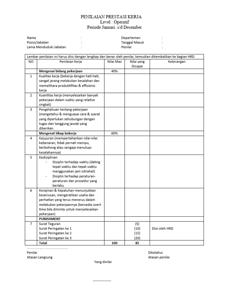 Contoh Form Penilaian Prestasi Kerja | PDF