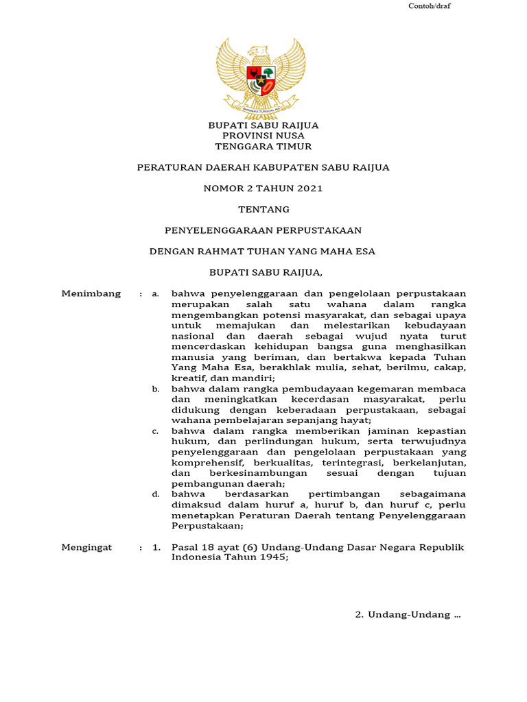 Contoh Perda Penyelenggaraan Perpustakaan Kabupaten Kota | PDF