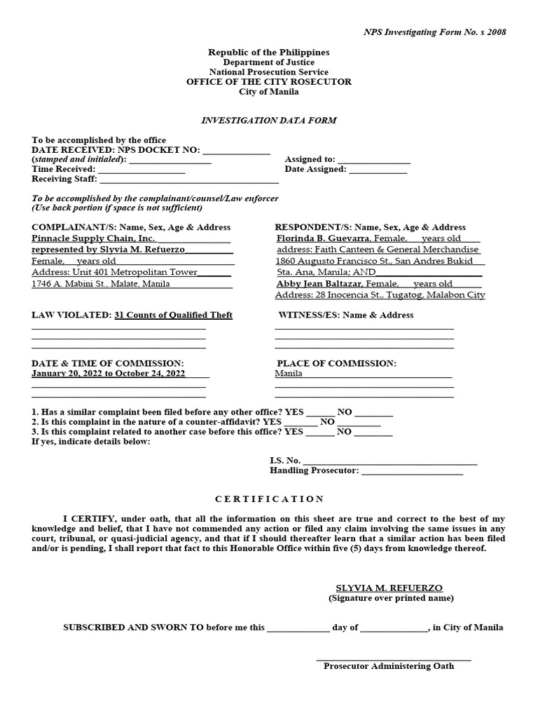 Investigation Data Form | PDF | Prosecutor | Government Institutions