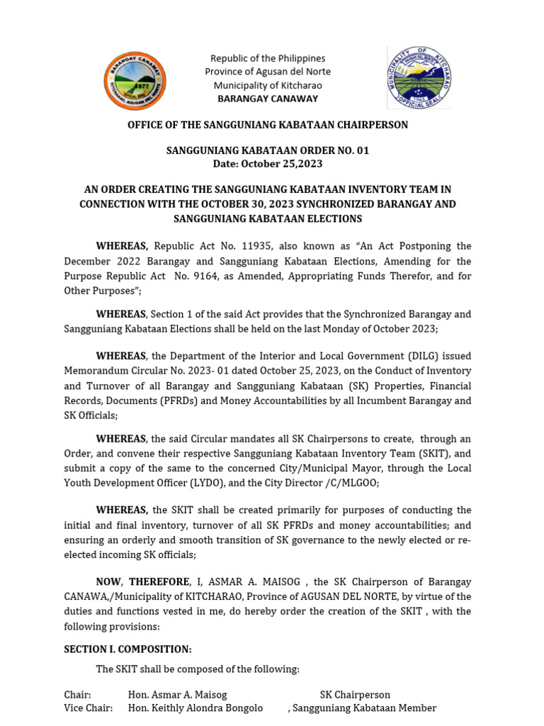 BSKE 2023 - Annexes D E and F SANGGUNIANG KABATAAN Inventory and Turnover of SK PFRDs and Money ...