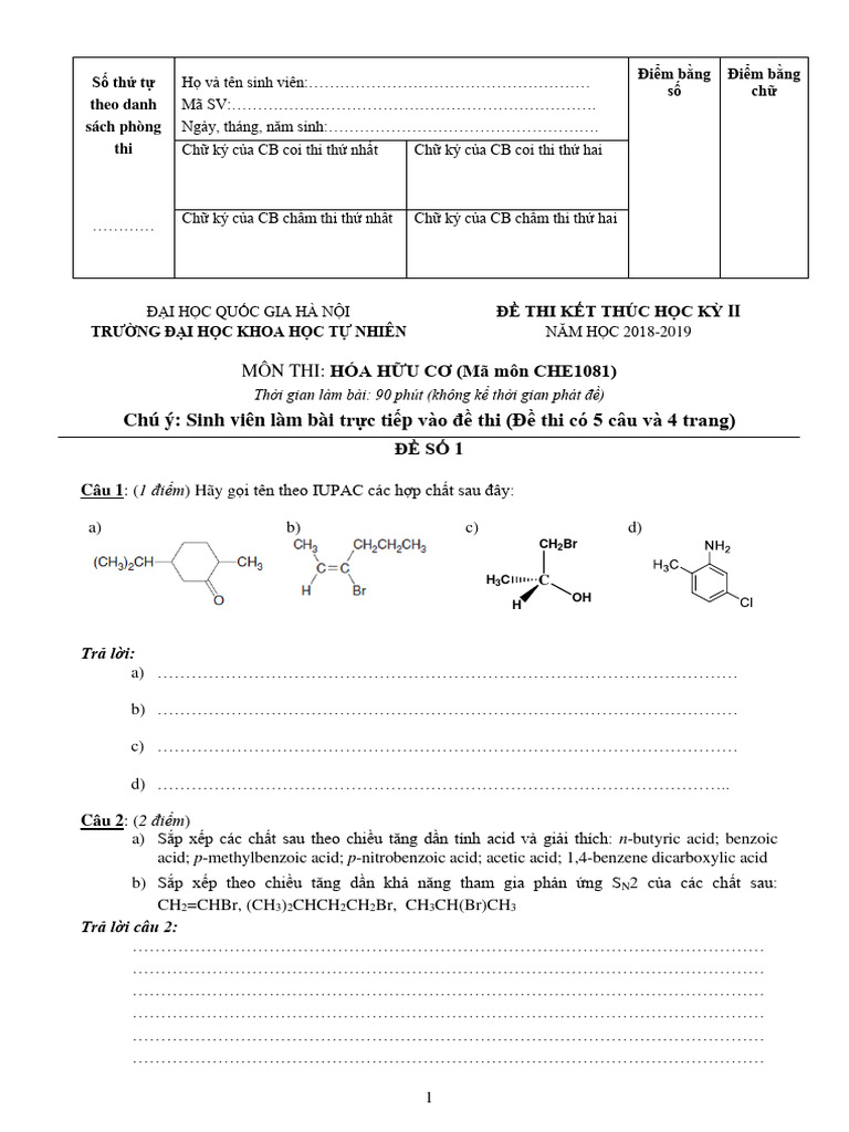Đề thi HHC năm (CHE1081) đề 1 | PDF