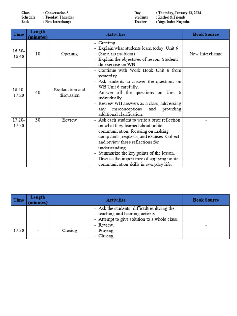 Lesson Plan Conversation 3 January 25 2024 | PDF | Human Communication | Learning