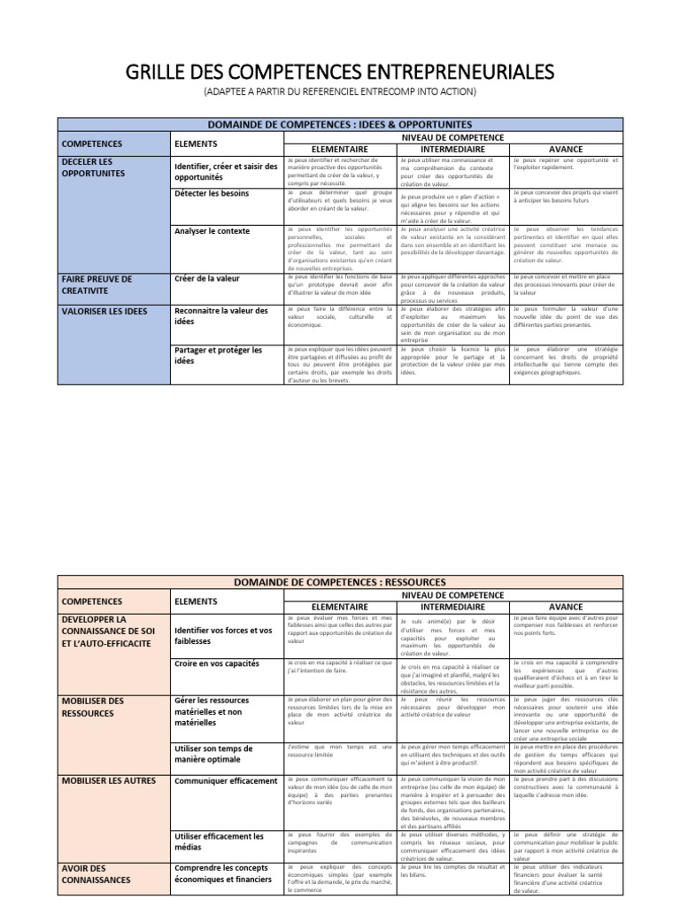 Grille Des Compétences EntreComp | PDF