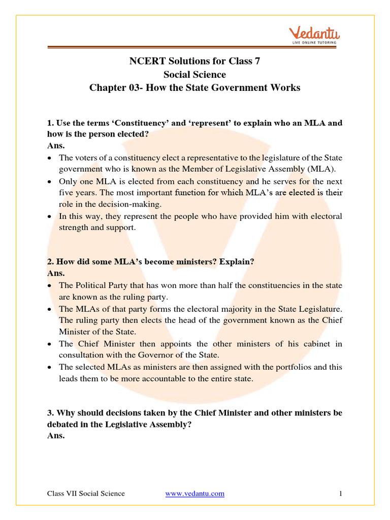NCERT Solutions For Class 7 Social Chapter 3 - How The State Government ...