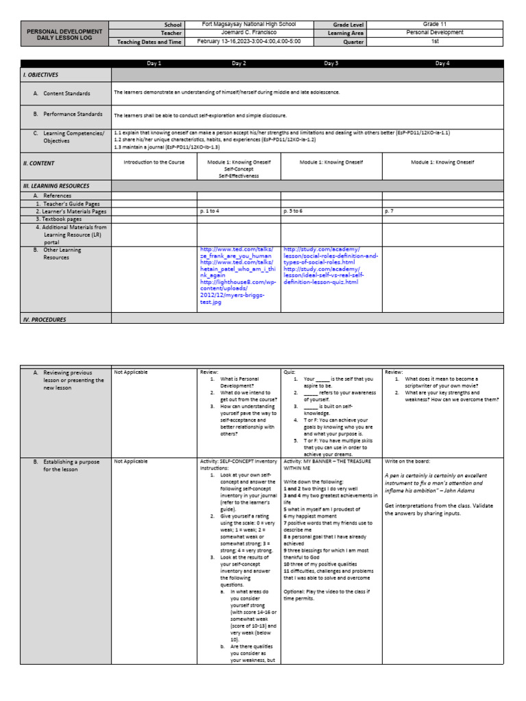 Sample DLL Personal Development | PDF | Self Concept | Learning