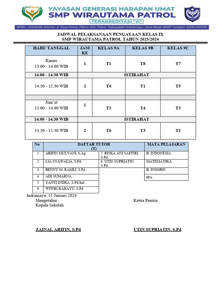 Jadwal Pengayaan Kelas IX SMP 2024 | PDF