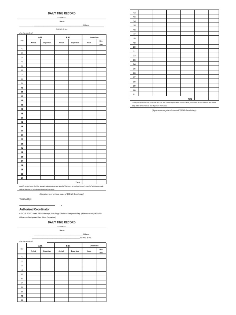 TUPAD Daily Time Record Form | PDF