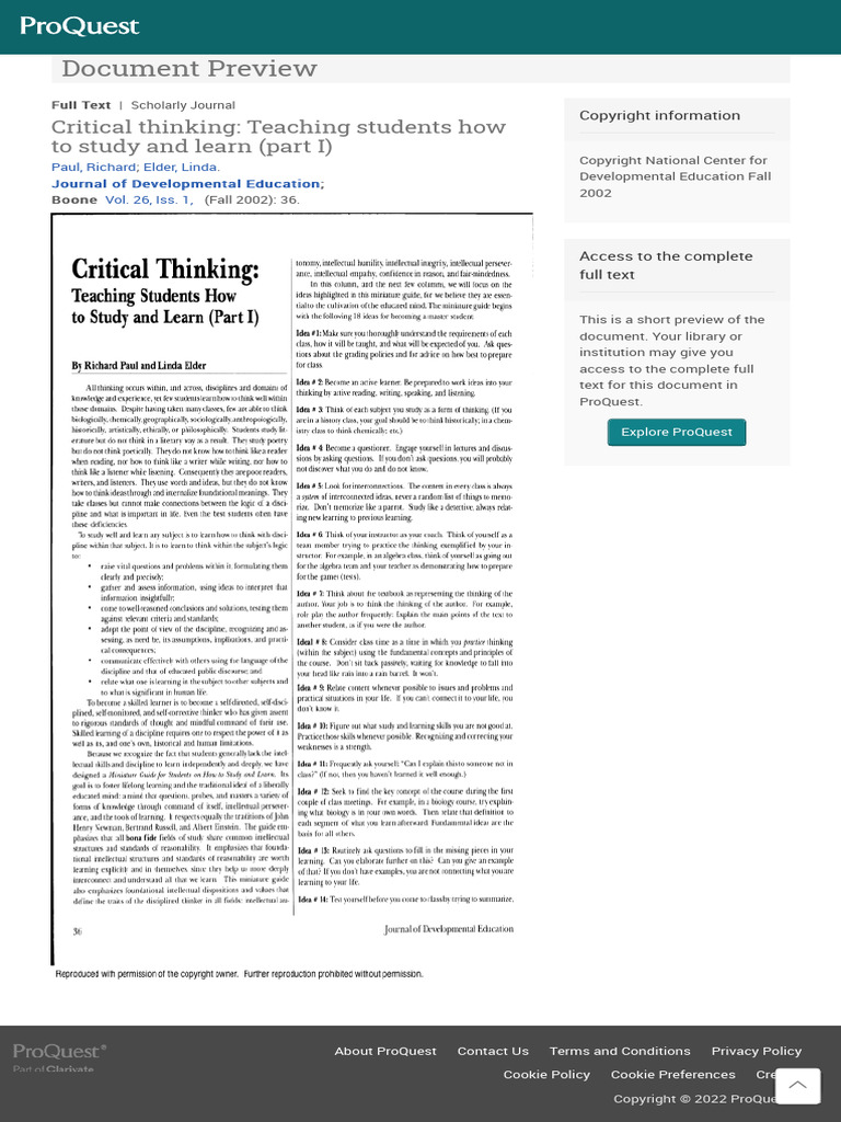Critical Thinking Teaching Students How To Study and Learn (Part I) - ProQuest | PDF