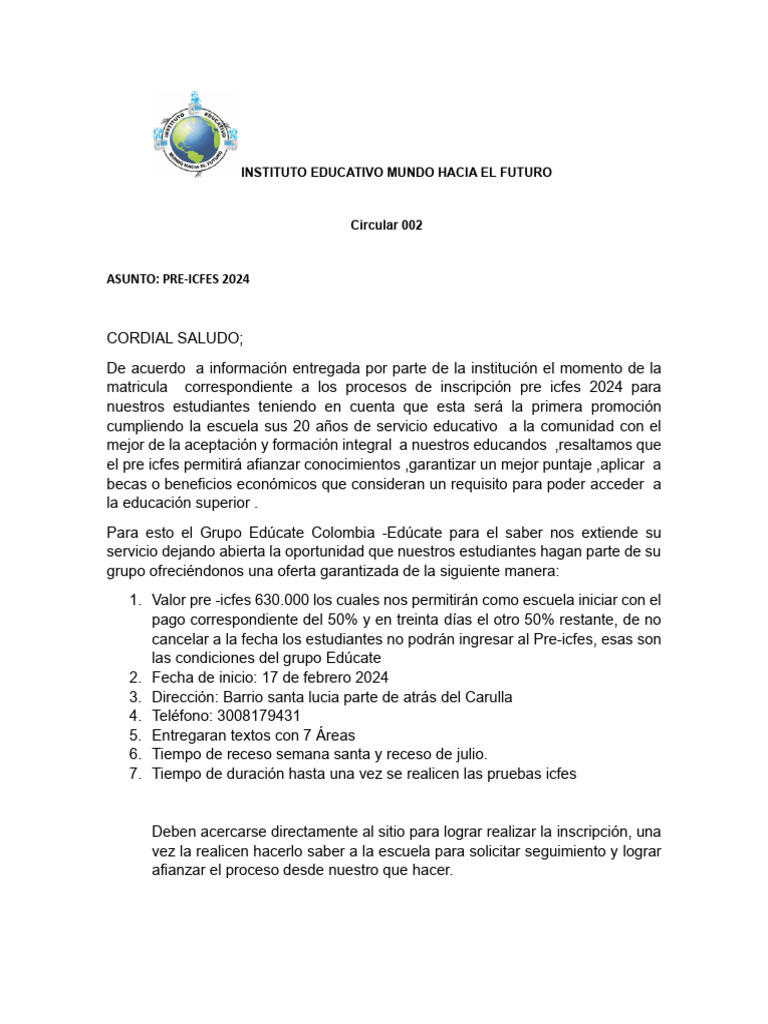 Circular 002 Pre-Icfes | PDF