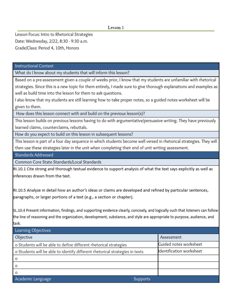 Rhetorical Strategies Lesson Plan | PDF