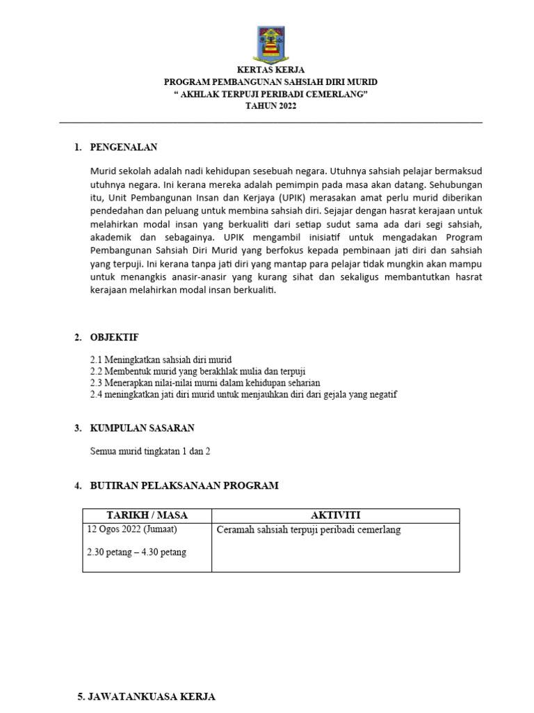 Kertas Kerja Program Transformasi Diri Sesi Petang 2022 | PDF | Karier & Perkembangan | Bisnis