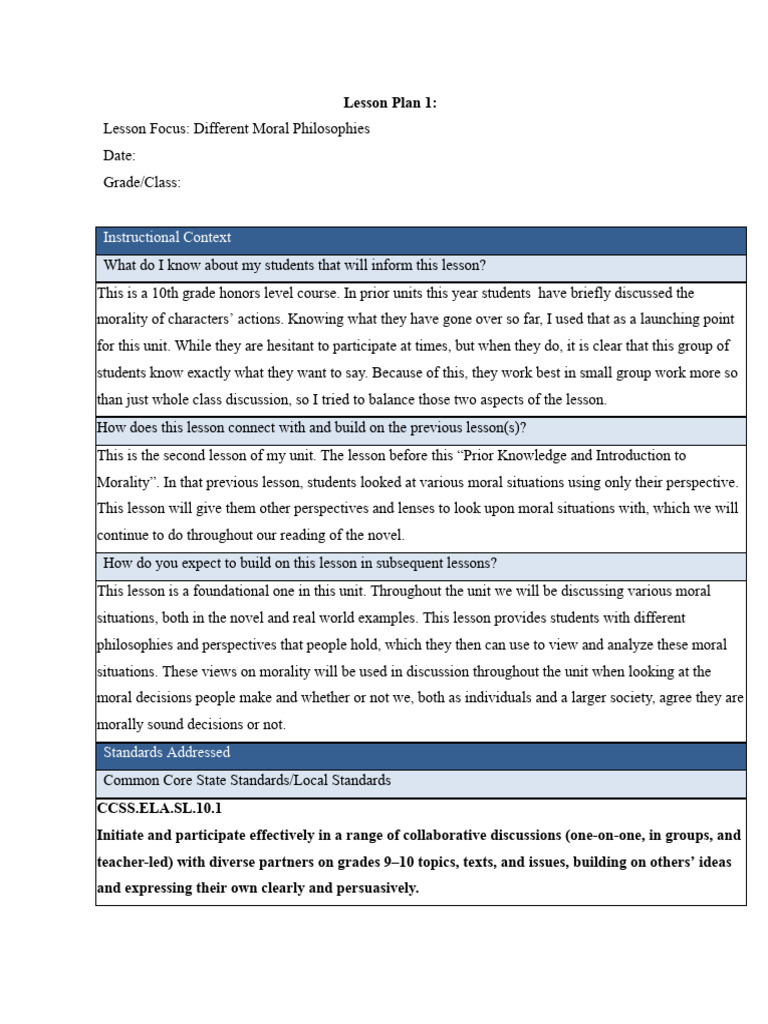 Moral Philosophies Lesson Plan | PDF | Teachers | Learning