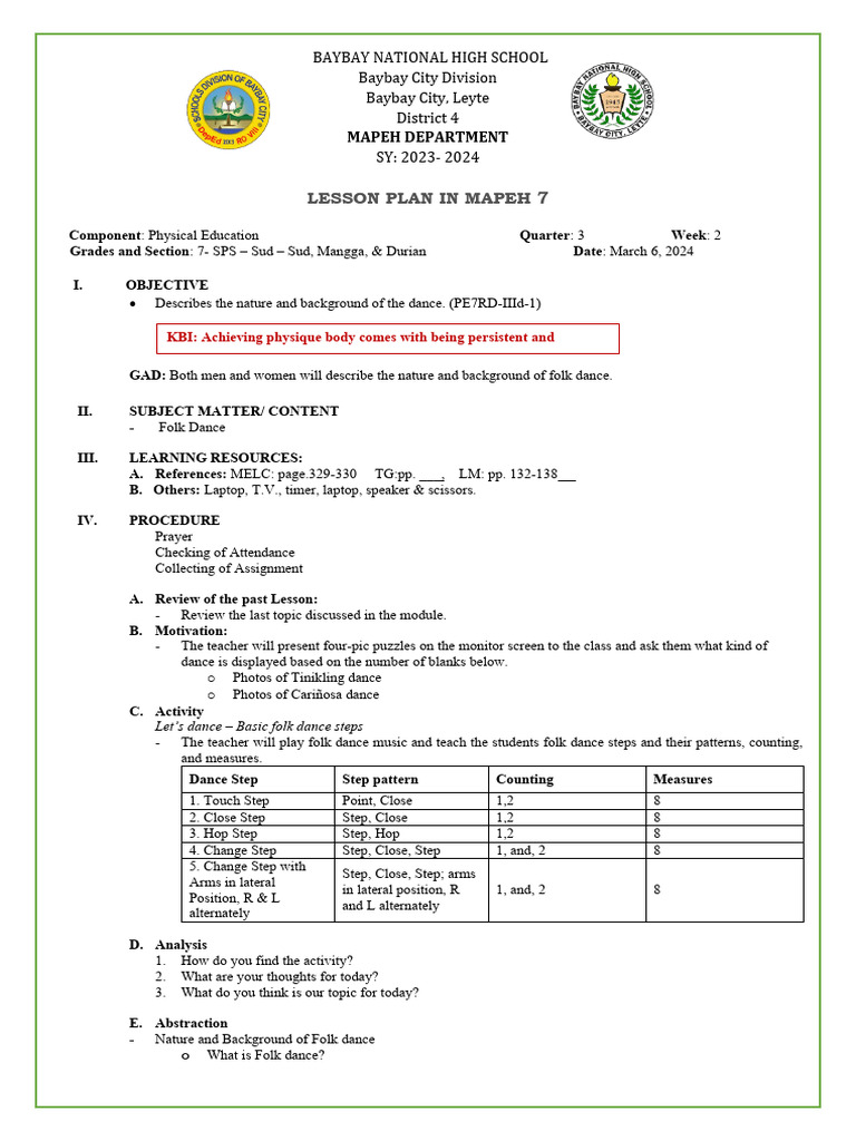 Physical Education Lesson Plan Q3 L2 | PDF | Philippines | Dances
